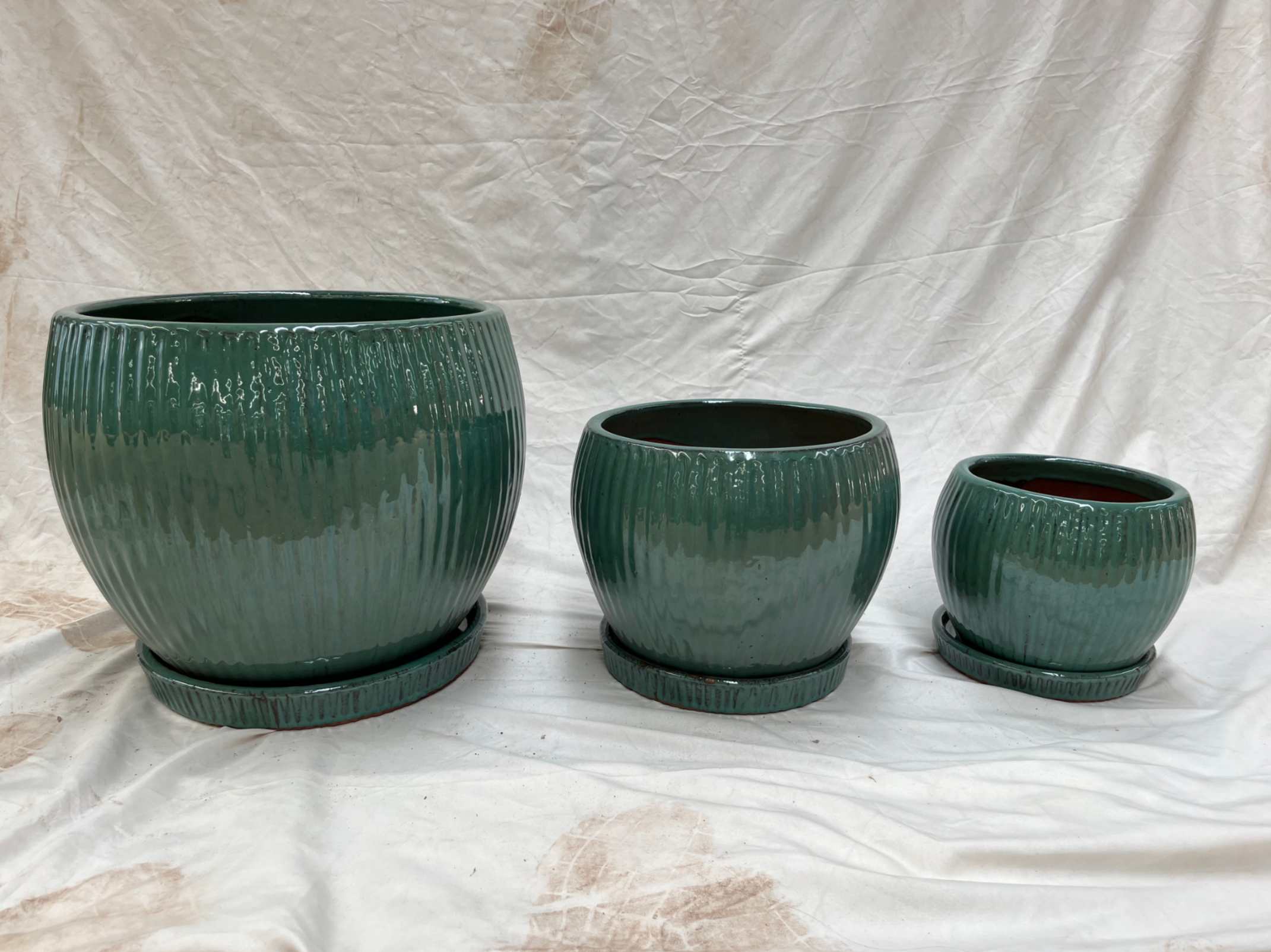 Modern Shiny Sky Blue Ceramic Round Planters - Set of 3 Large Pots with ...