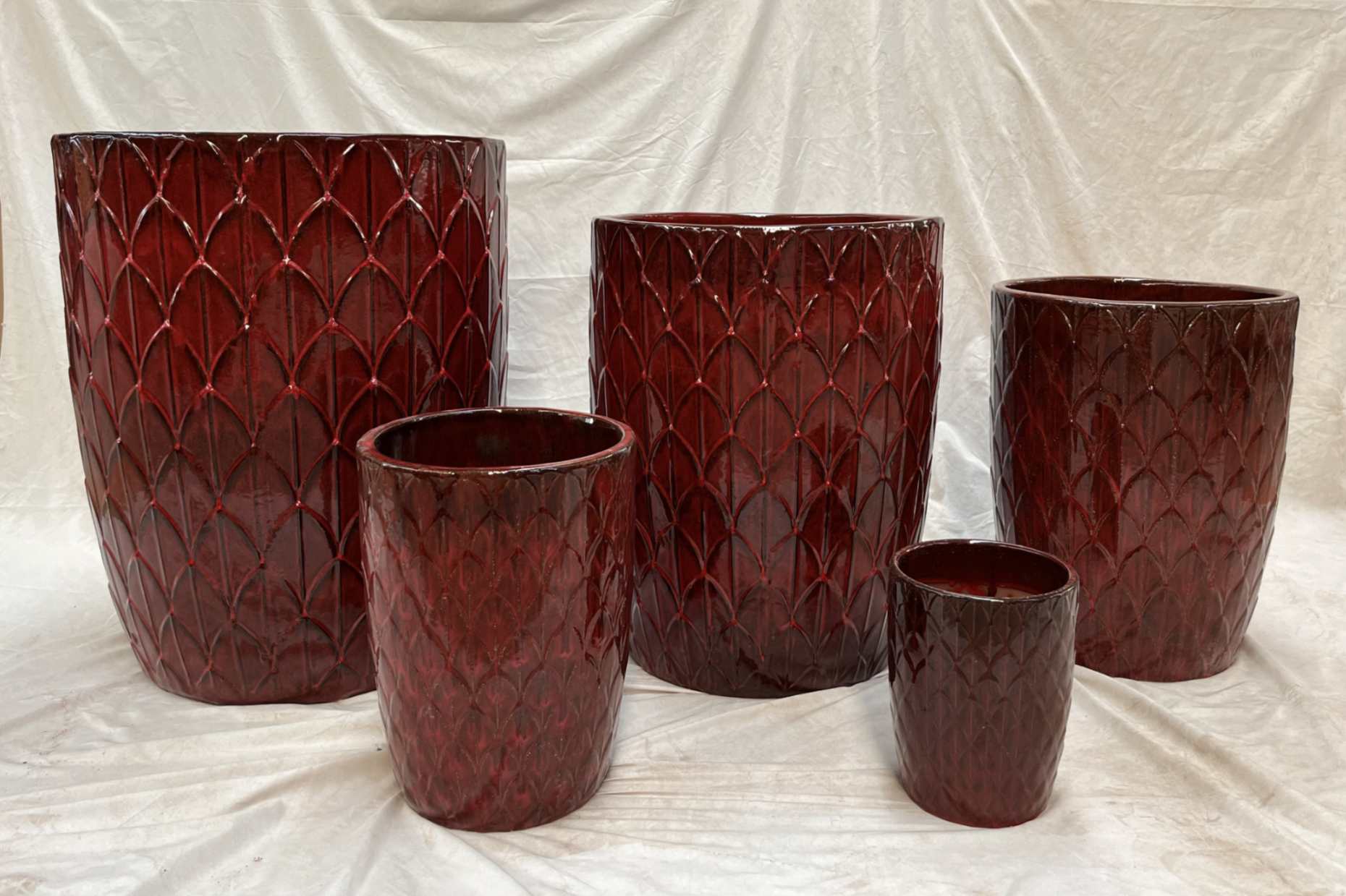 Set of 5 Glazed Ceramic Pots | Red Black Self Pattern | Indoor/Outdoor ...