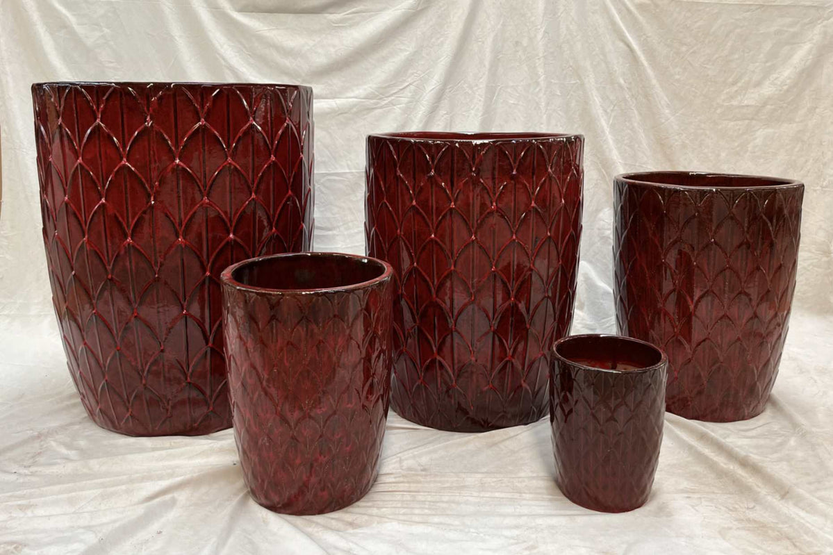Set of 5 Glazed Ceramic Pots | Red Black Self Pattern | Indoor/Outdoor ...
