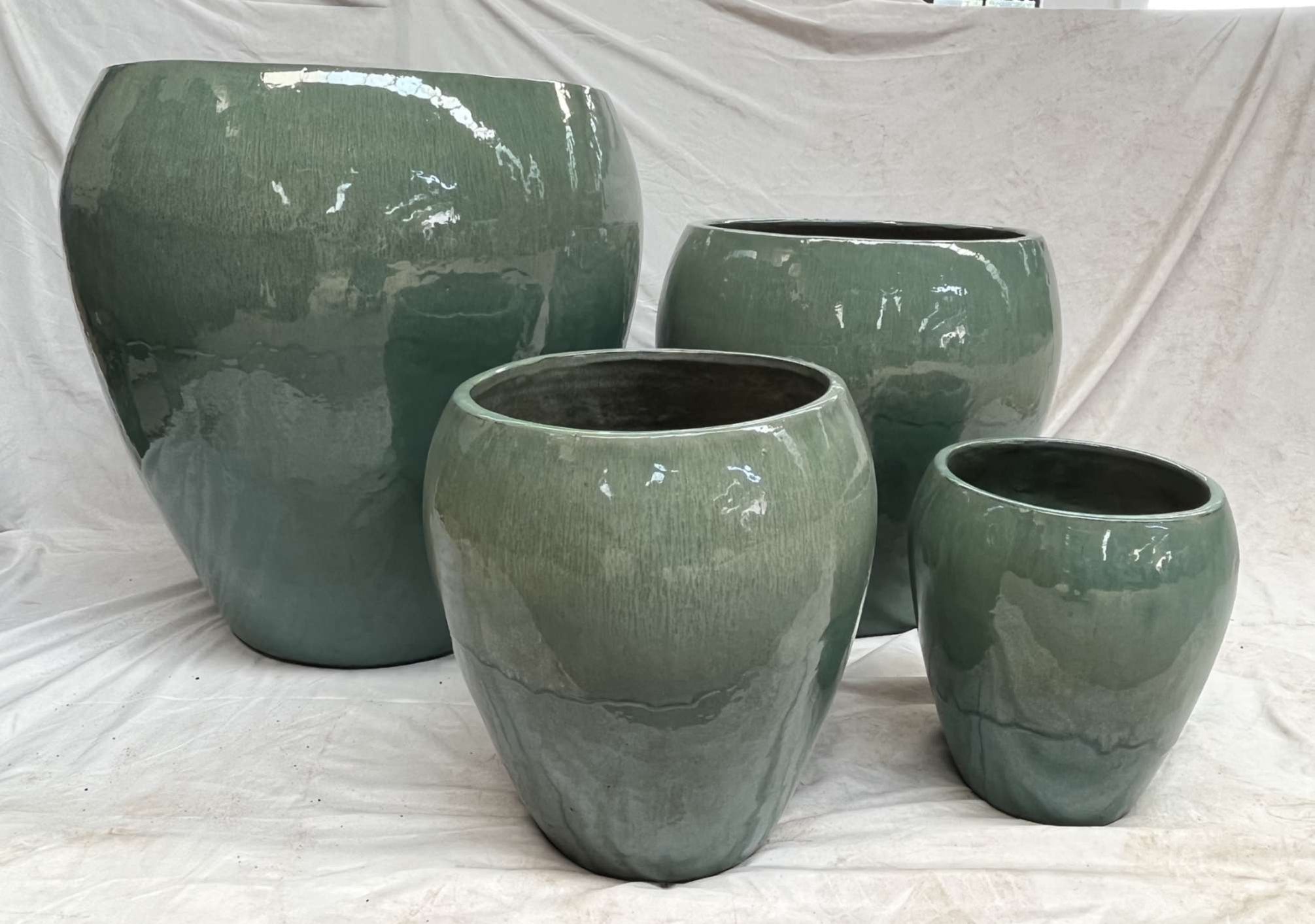 Modern Green Glazed Ceramic Planters - Set of 4 Large Round Egg-Shaped ...