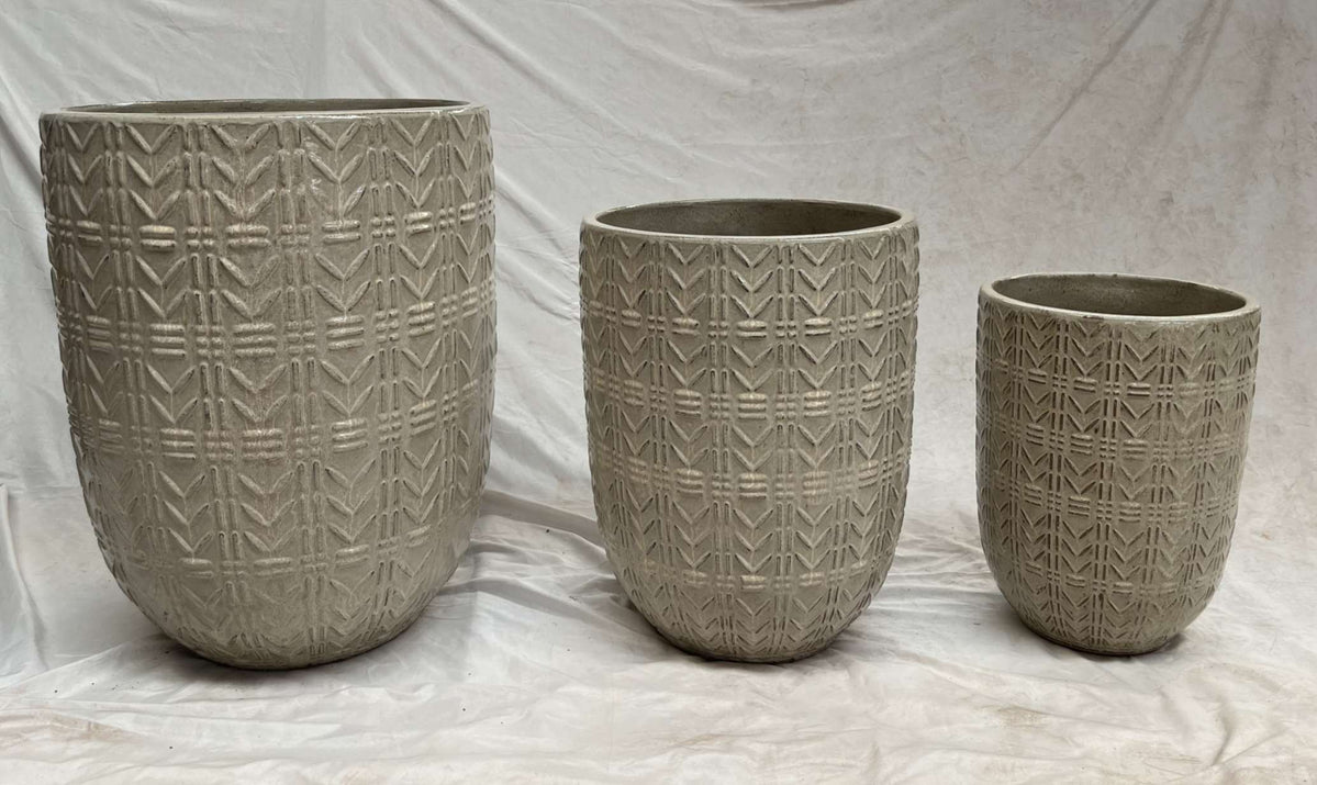 Chic Cream Glazed Ceramic Planters - Set of 3 Modern Self-Pattern Pots ...