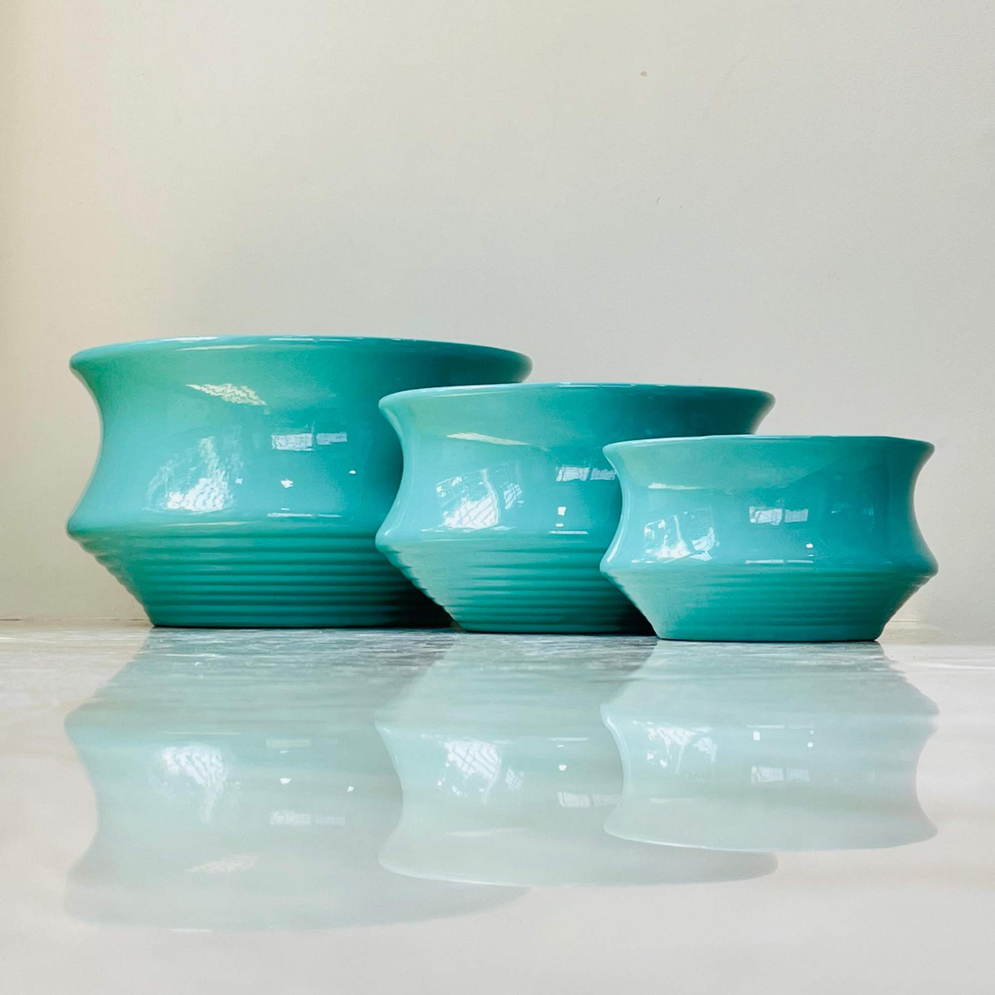 Glossy Aqua Blue Ceramic Planter Set Of 3 – Modern Flared Design for ...