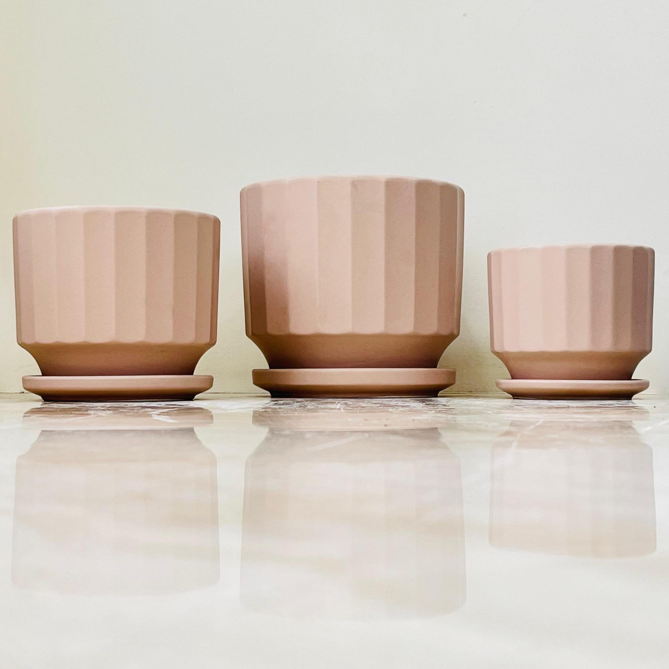 Beige Matte Fluted Ceramic Planter Set Of 3 | Elegant Indoor Pots ...