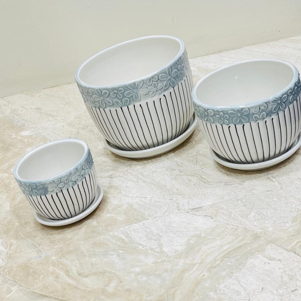 Blue Bloom Ceramic Pot Set Of 3 | Elegant Floral Planter Collection ...