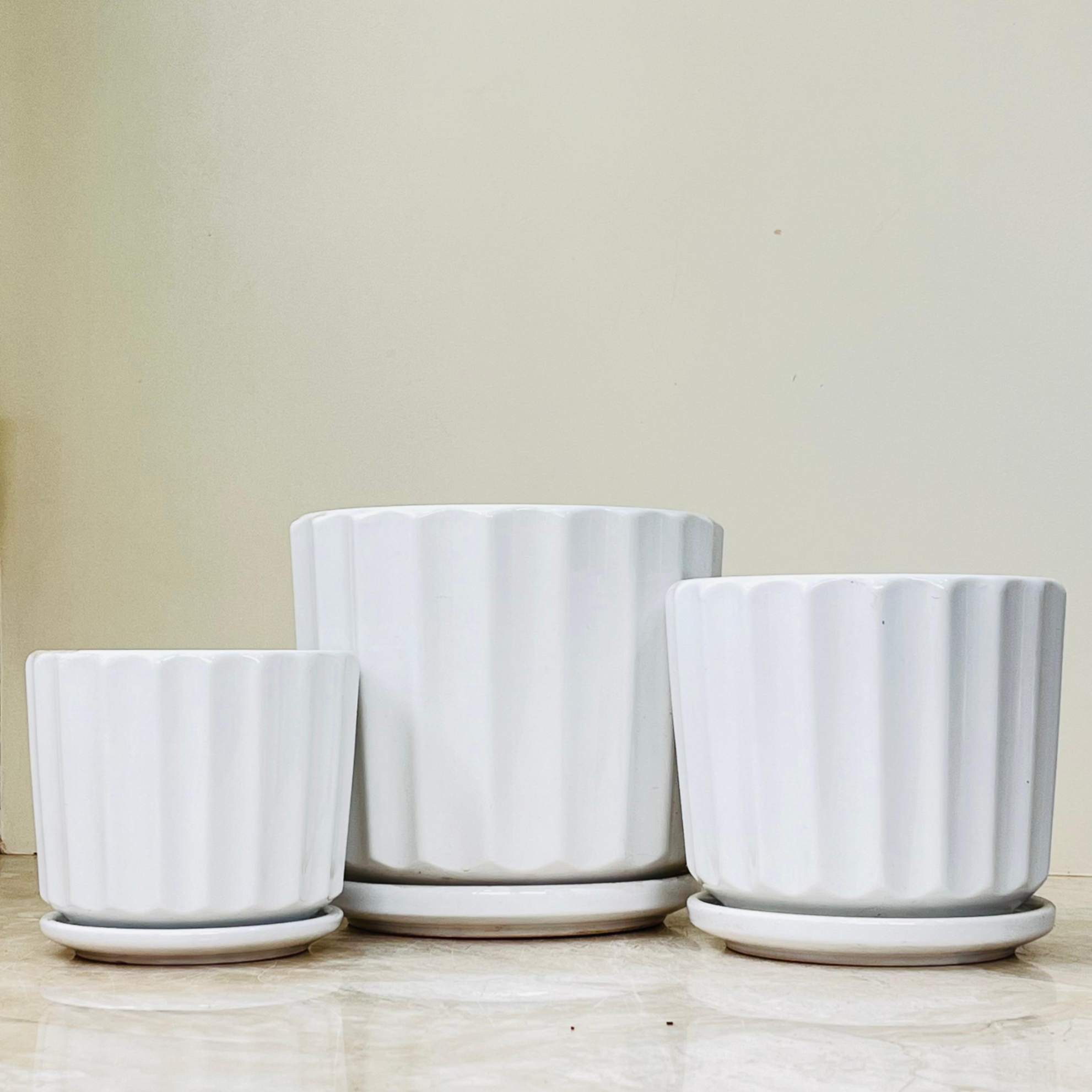 Set of 3 White Ribbed Ceramic Pots | Classic Indoor Planters with ...