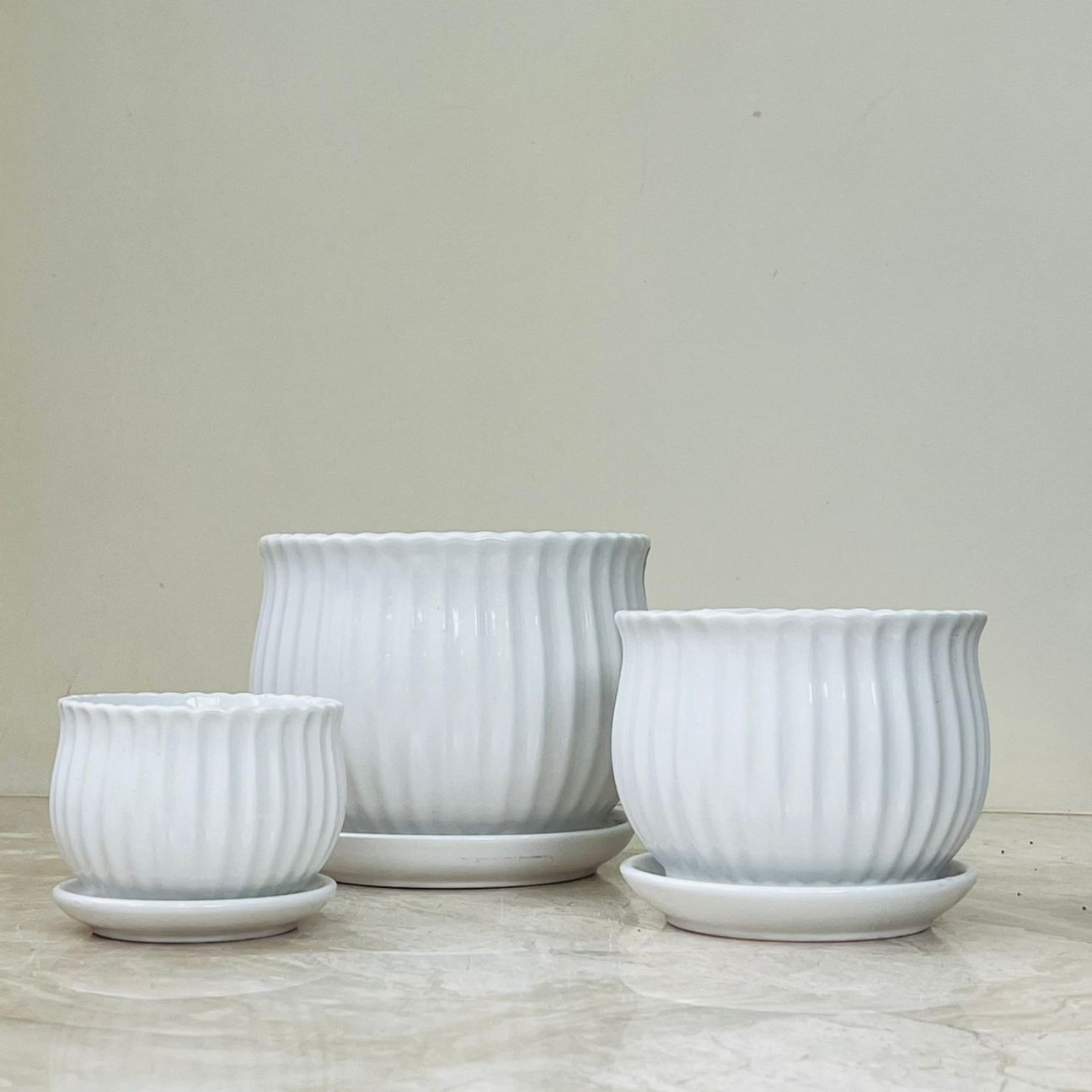 Elegant White Fluted Ceramic Pot with Saucers (Set of 3) – Indoor ...