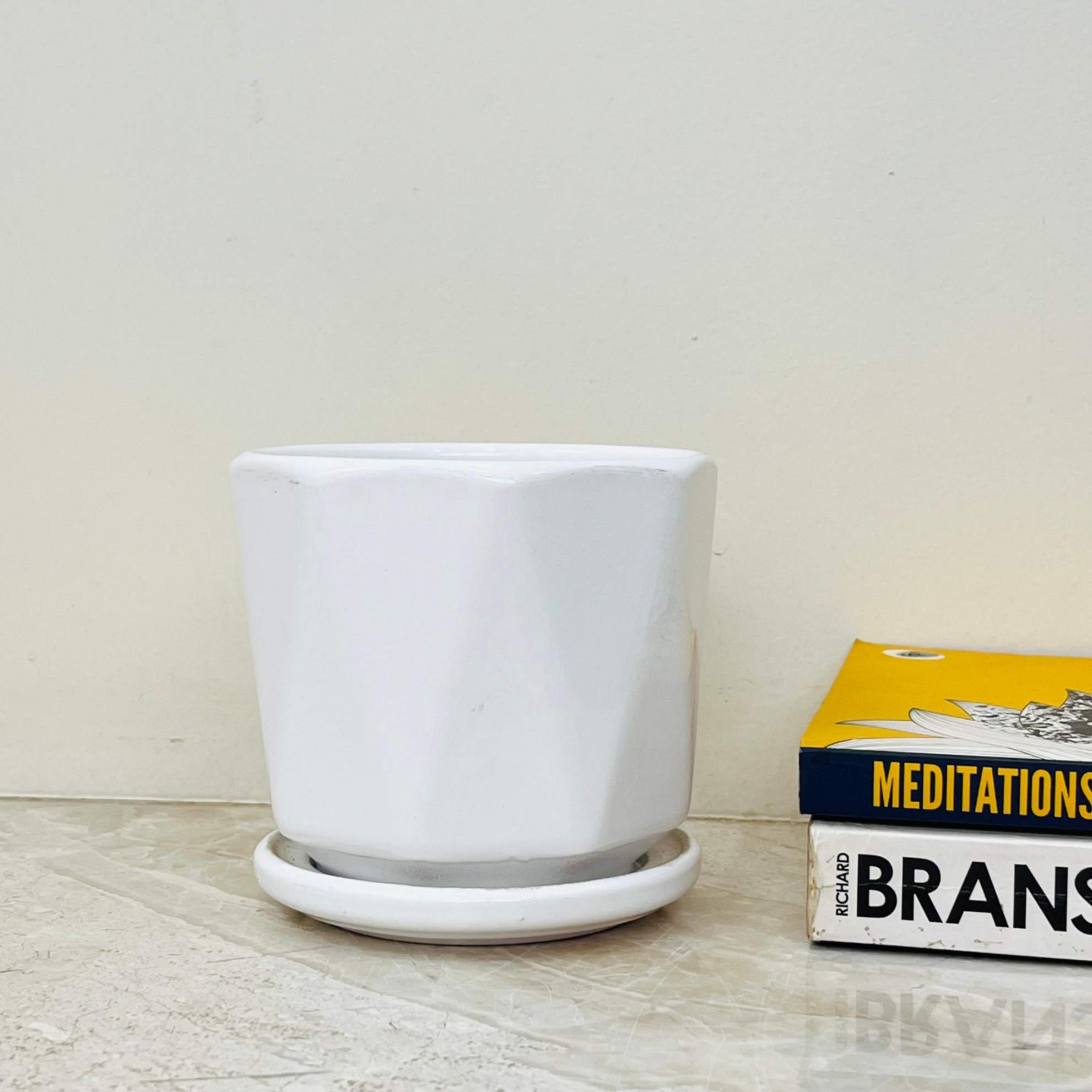 Faceted White Ceramic Planter with Matching Base - Modern Indoor Pot ...