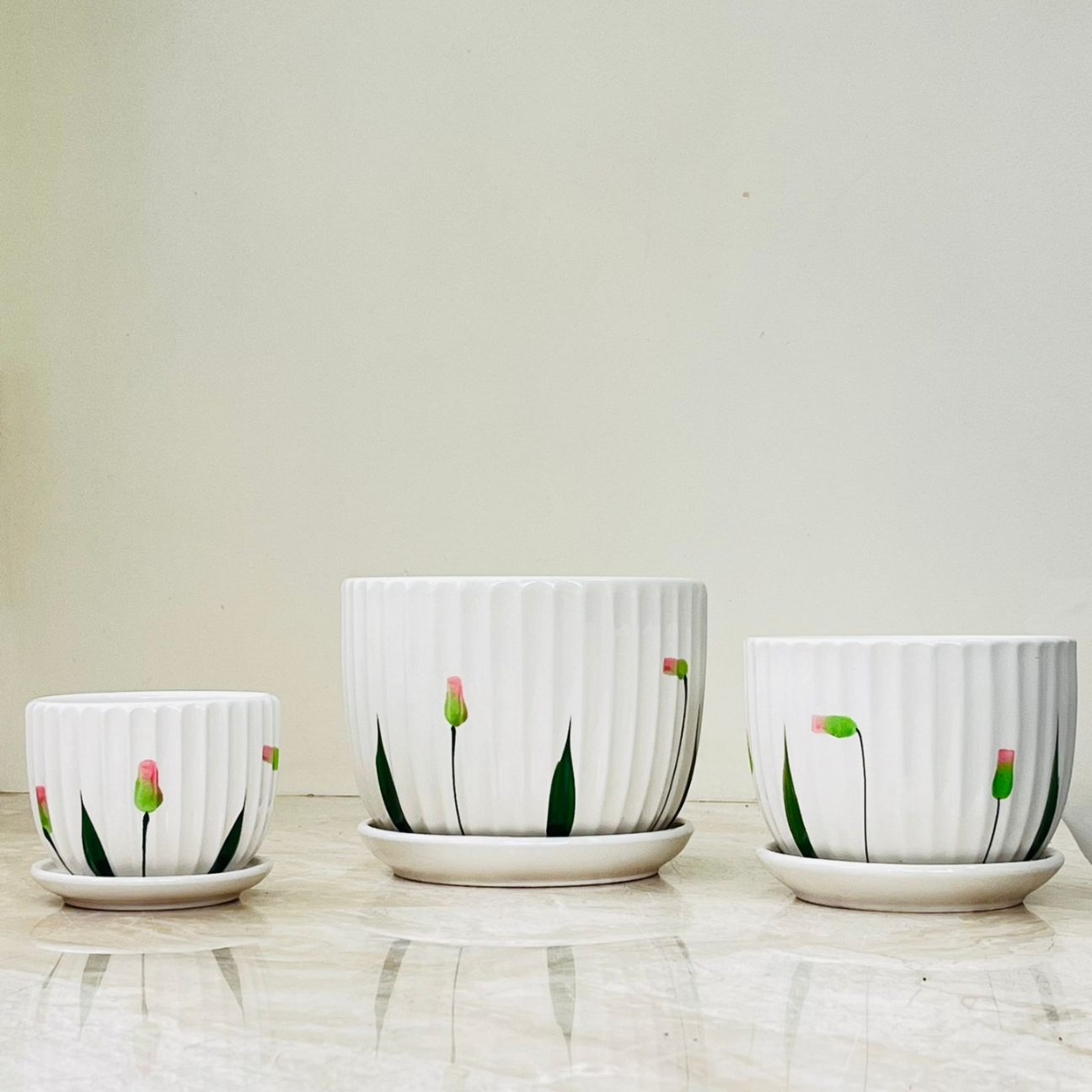 Blossom Breeze Ceramic Pot Set Of 3 – Fluted Floral Planters | Elegant ...