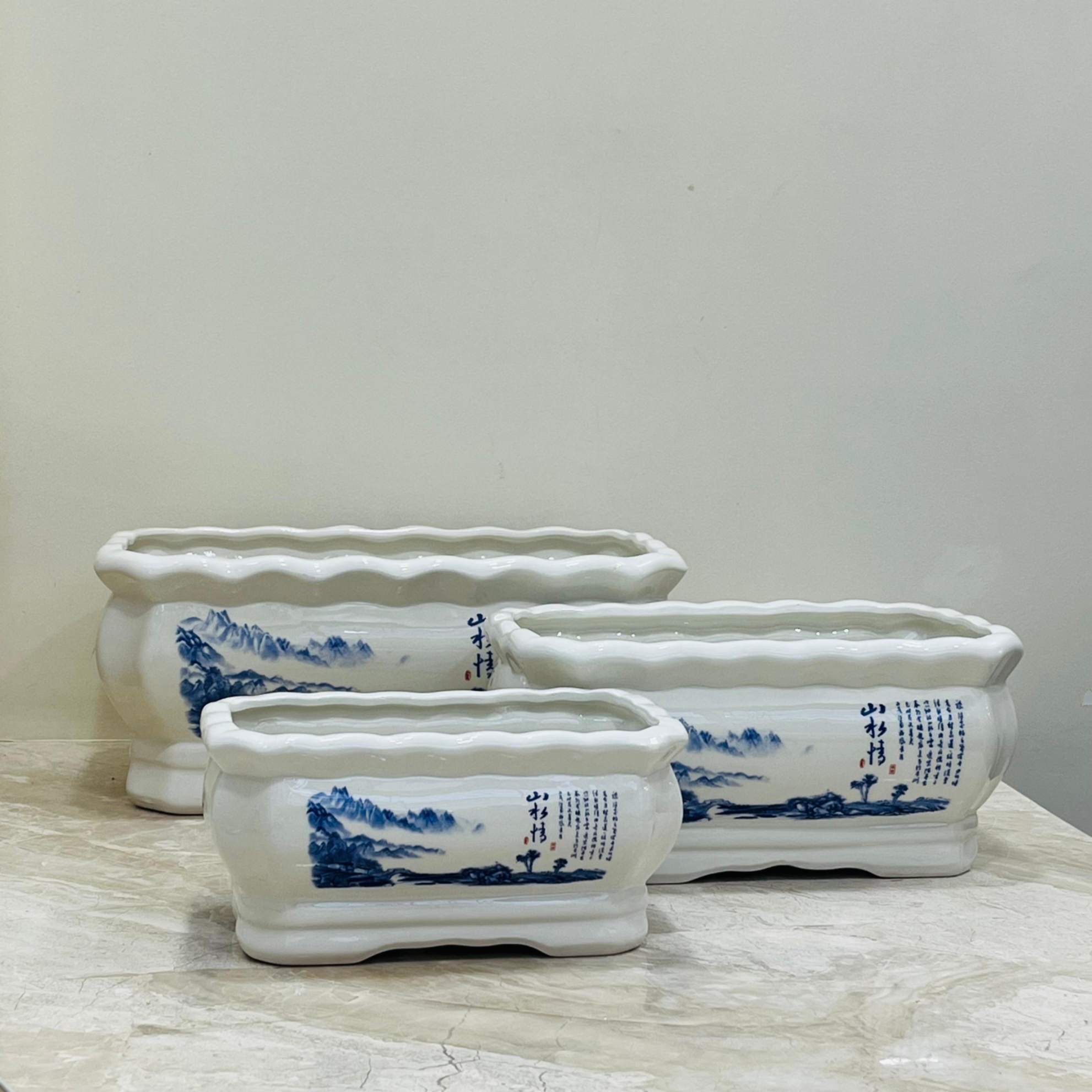 Hand-Painted White & Blue Rectangular Ceramic Planter Set Of 3 ...