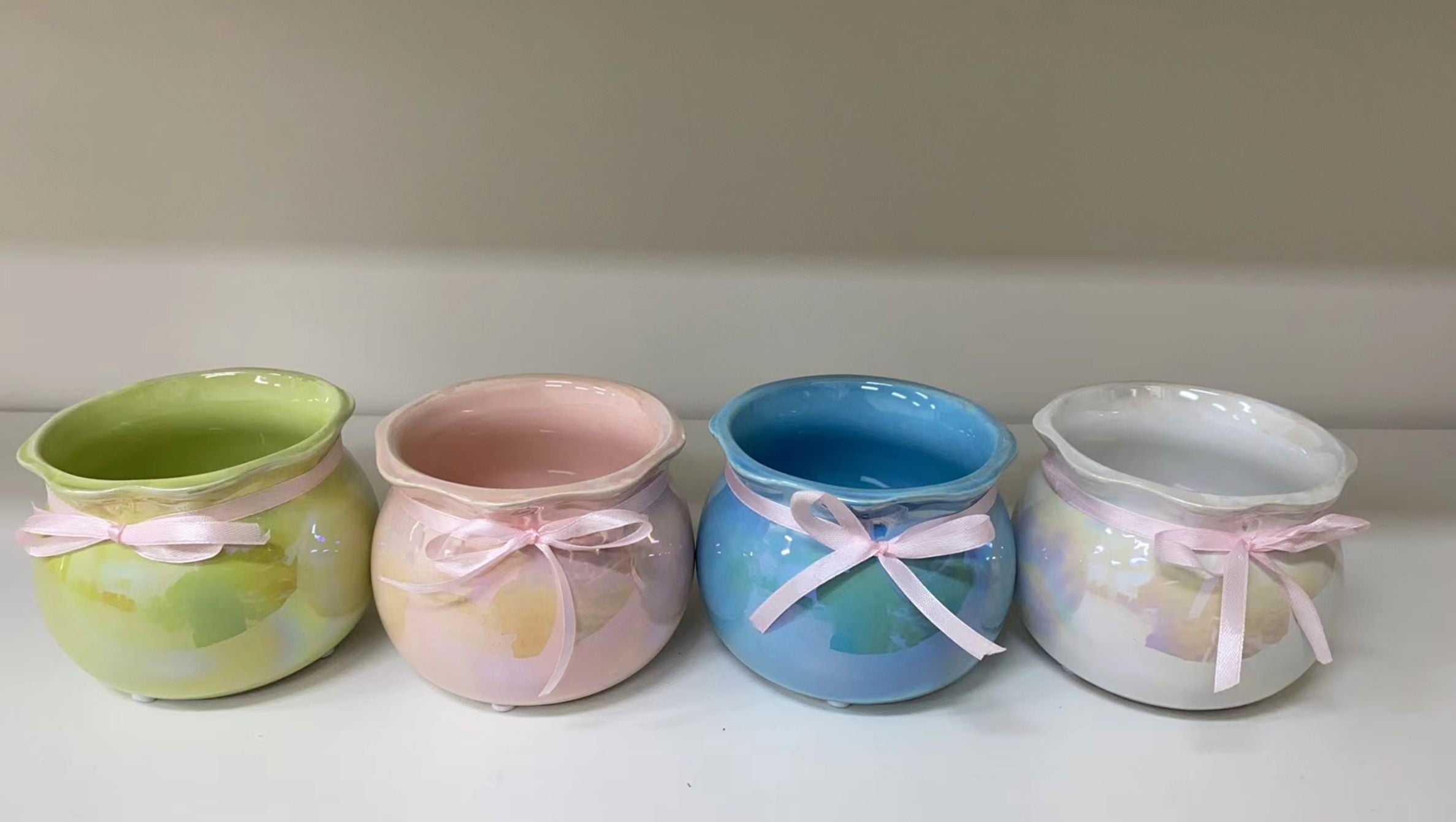 High-Gloss Ceramic Pot - Pastel Ribbon Accent Planter for Indoor Decor ...