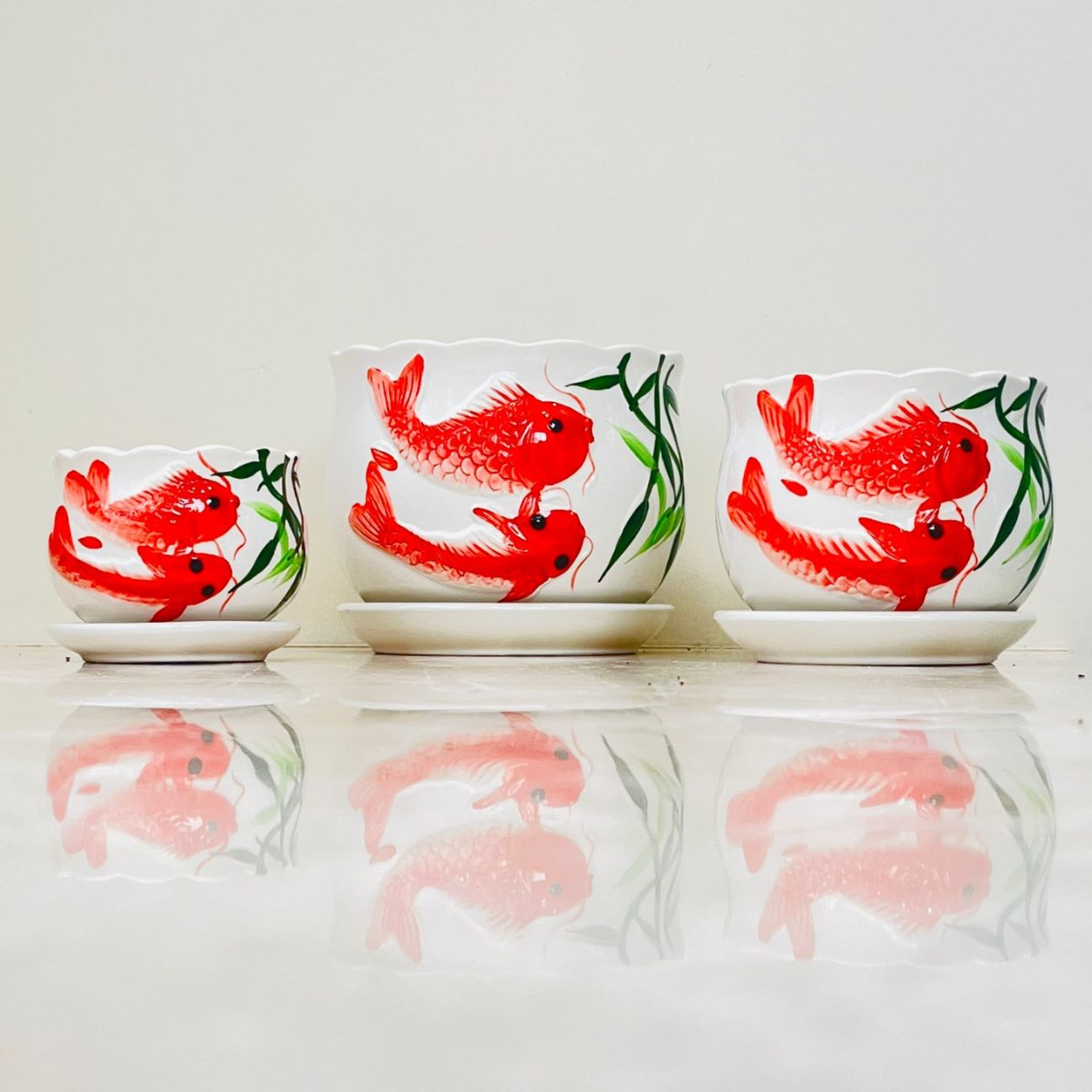 Koi Serenity Ceramic Pot Set Of 3 – Artistic Koi Fish Planters ...