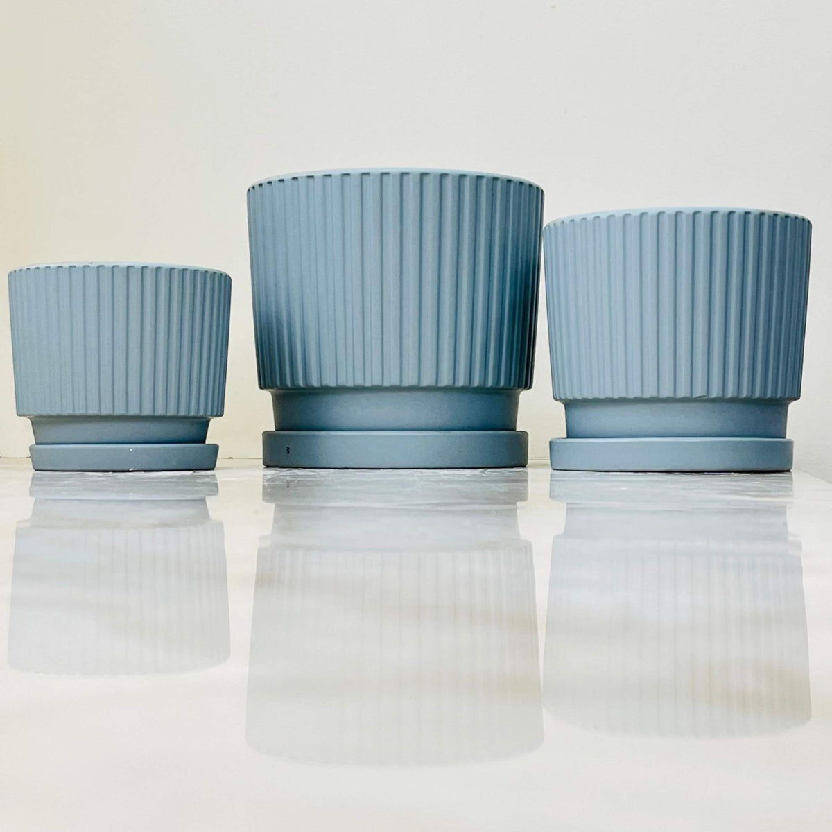 Matte Blue Ribbed Ceramic Planter Set Of 3 | Modern Indoor Pots ...