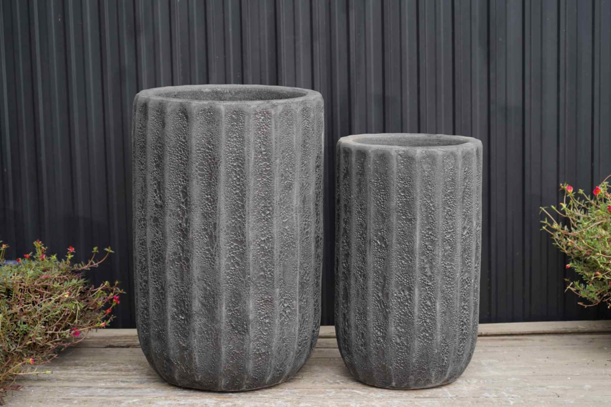 Large Fluted Ceramic Pots - Modern Stone Finish Planter Set Of 2 ...