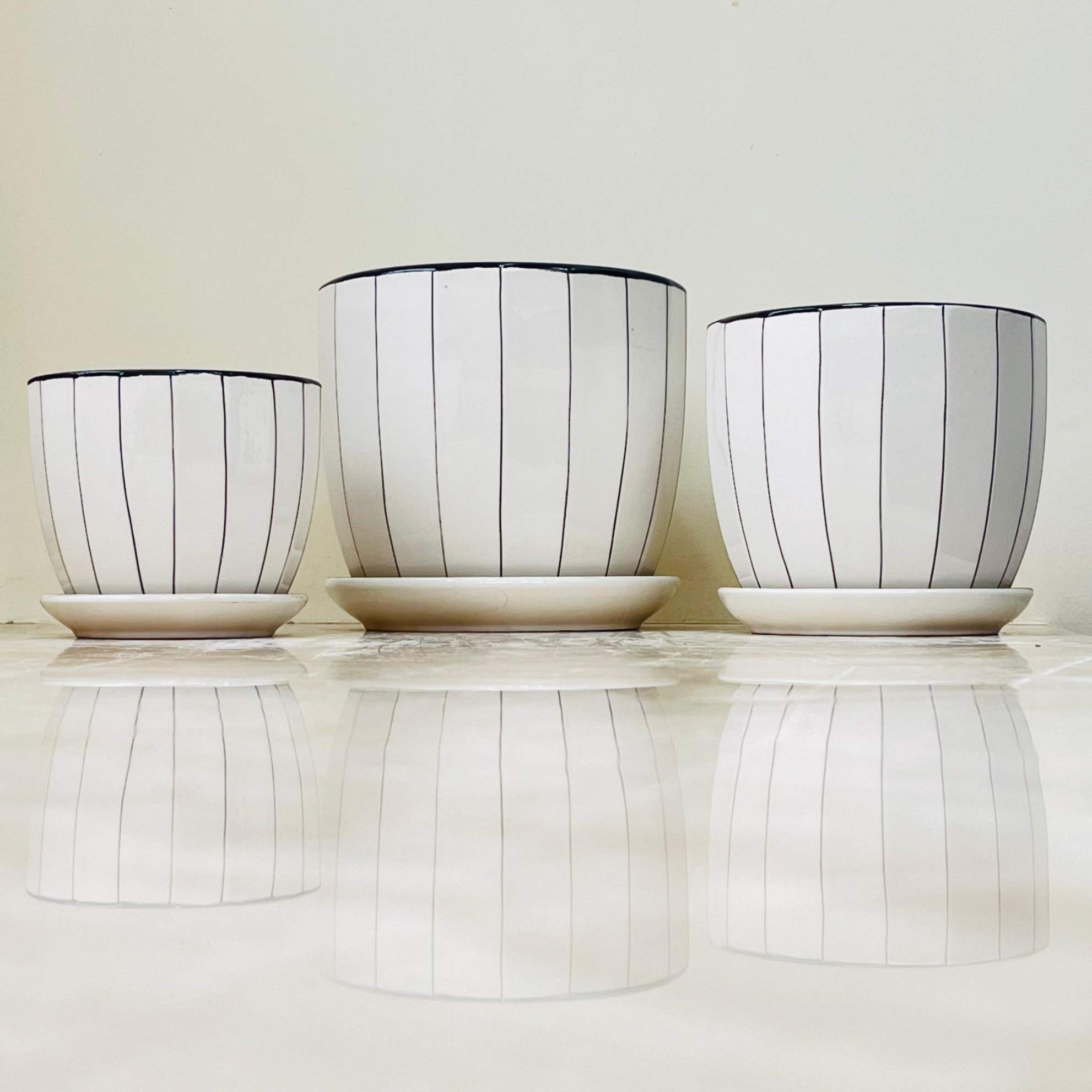 Monochrome Stripe Ceramic Planter Set Of 3 | Modern Indoor Pots ...
