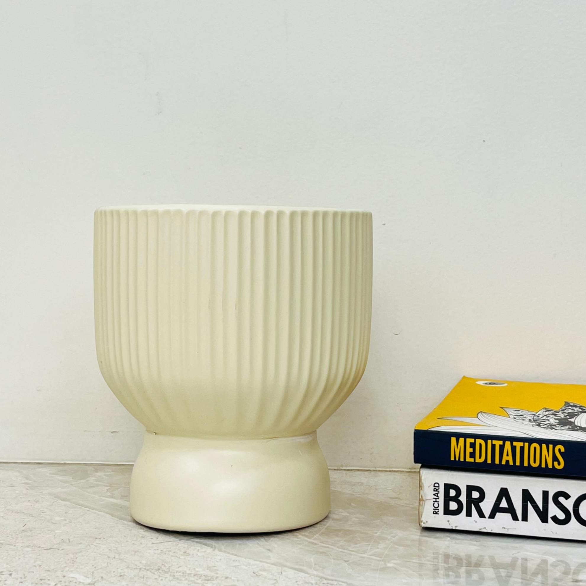 Ivory Ribbed Ceramic Planter – Modern Hourglass Indoor Pot ...