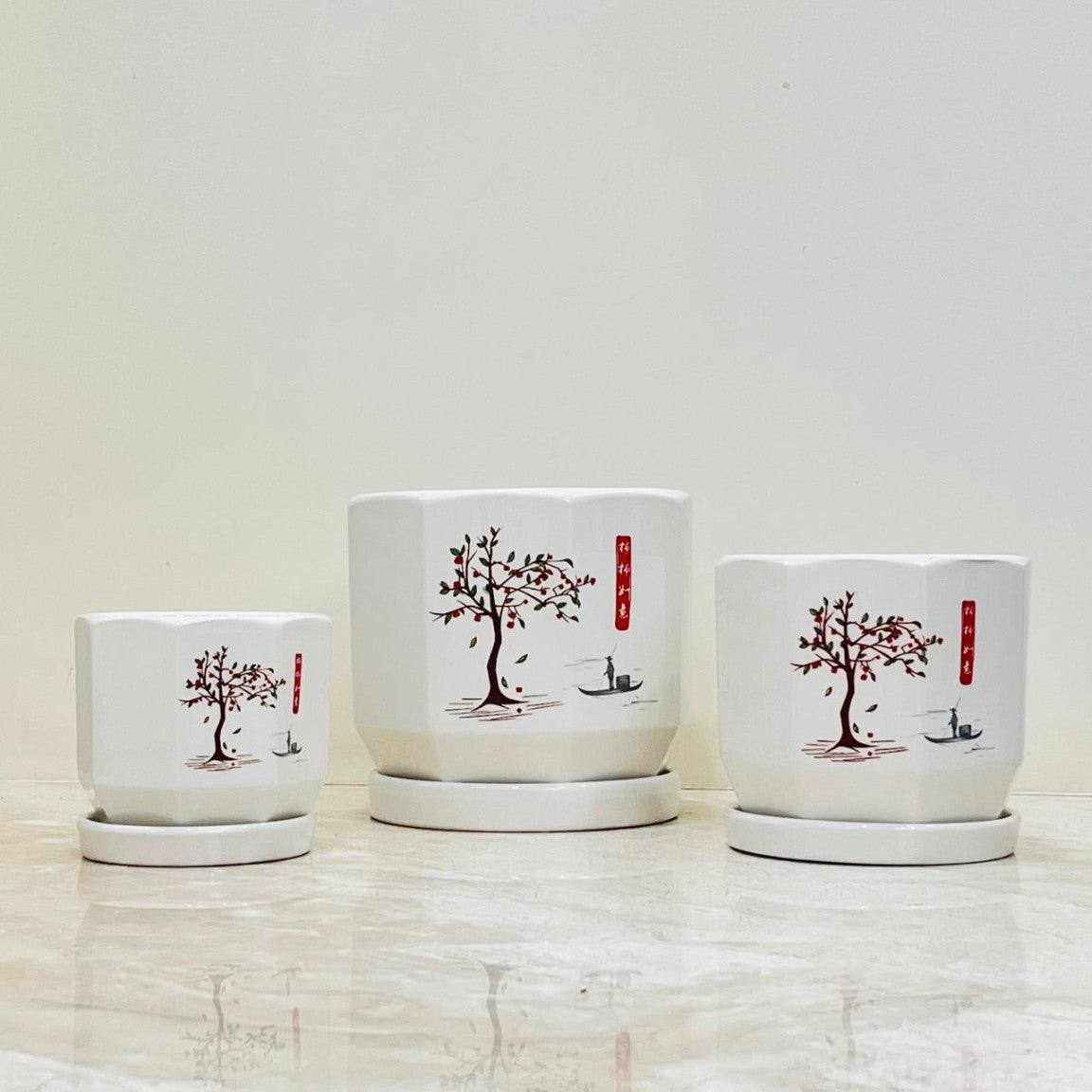 Serenity Tree Ceramic Pot Set Of 3 | Hand-Painted Indoor Planters ...