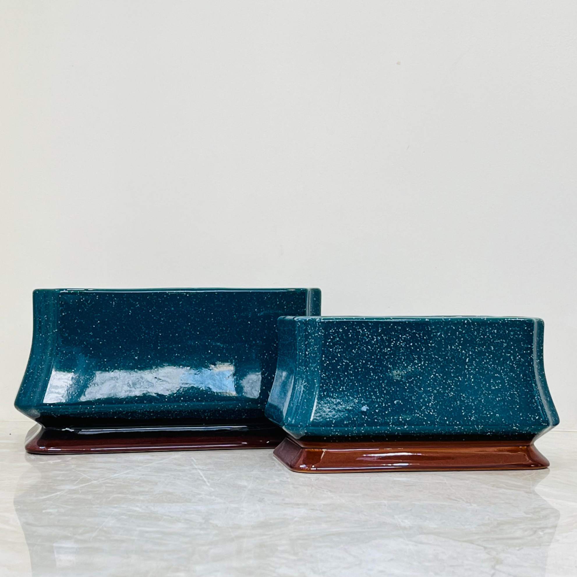 Teal Rectangular Ceramic Planter with Brown Base – Elegant Bonsai Pot ...