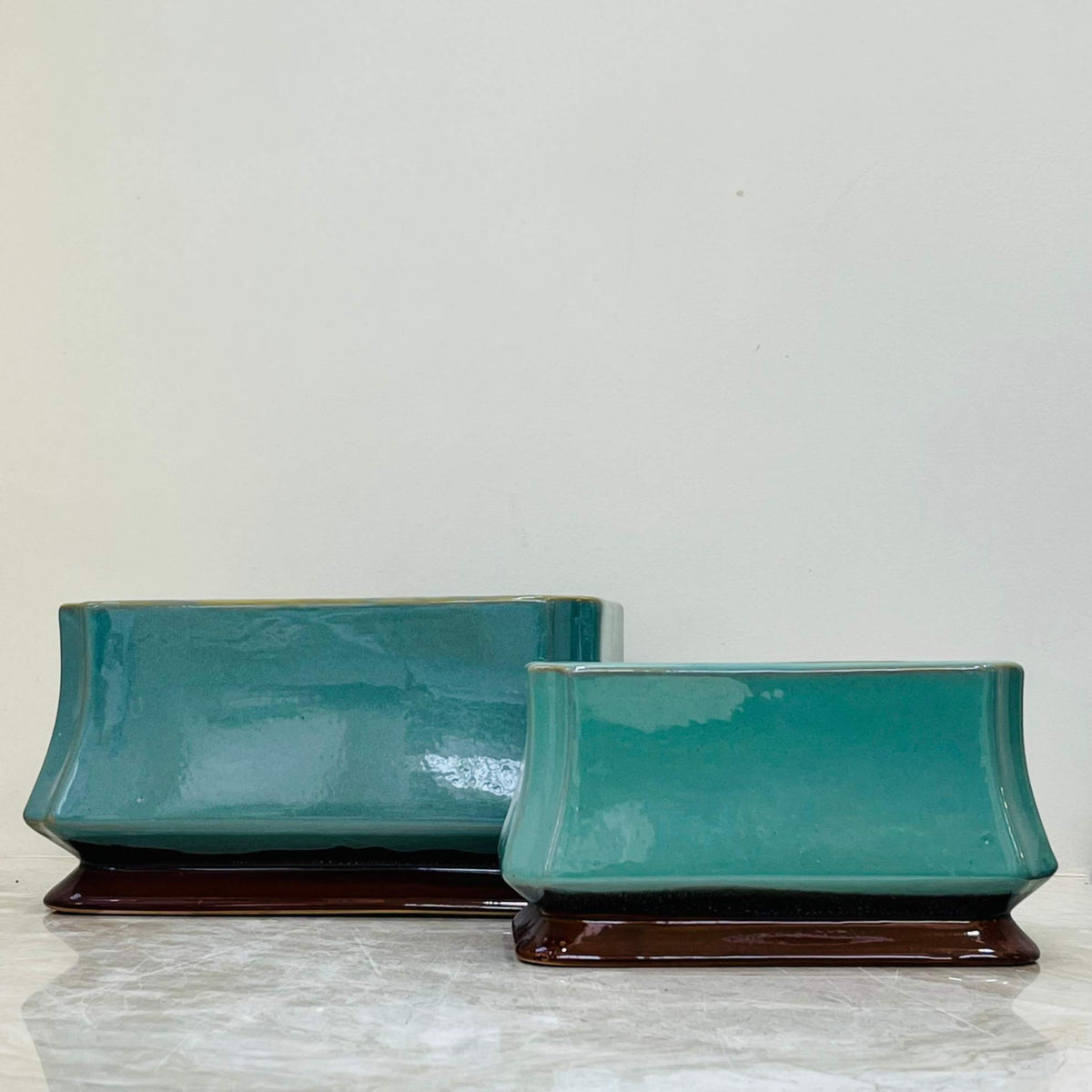 Teal Rectangular Ceramic Planter with Brown Base – Set Of 2 ...