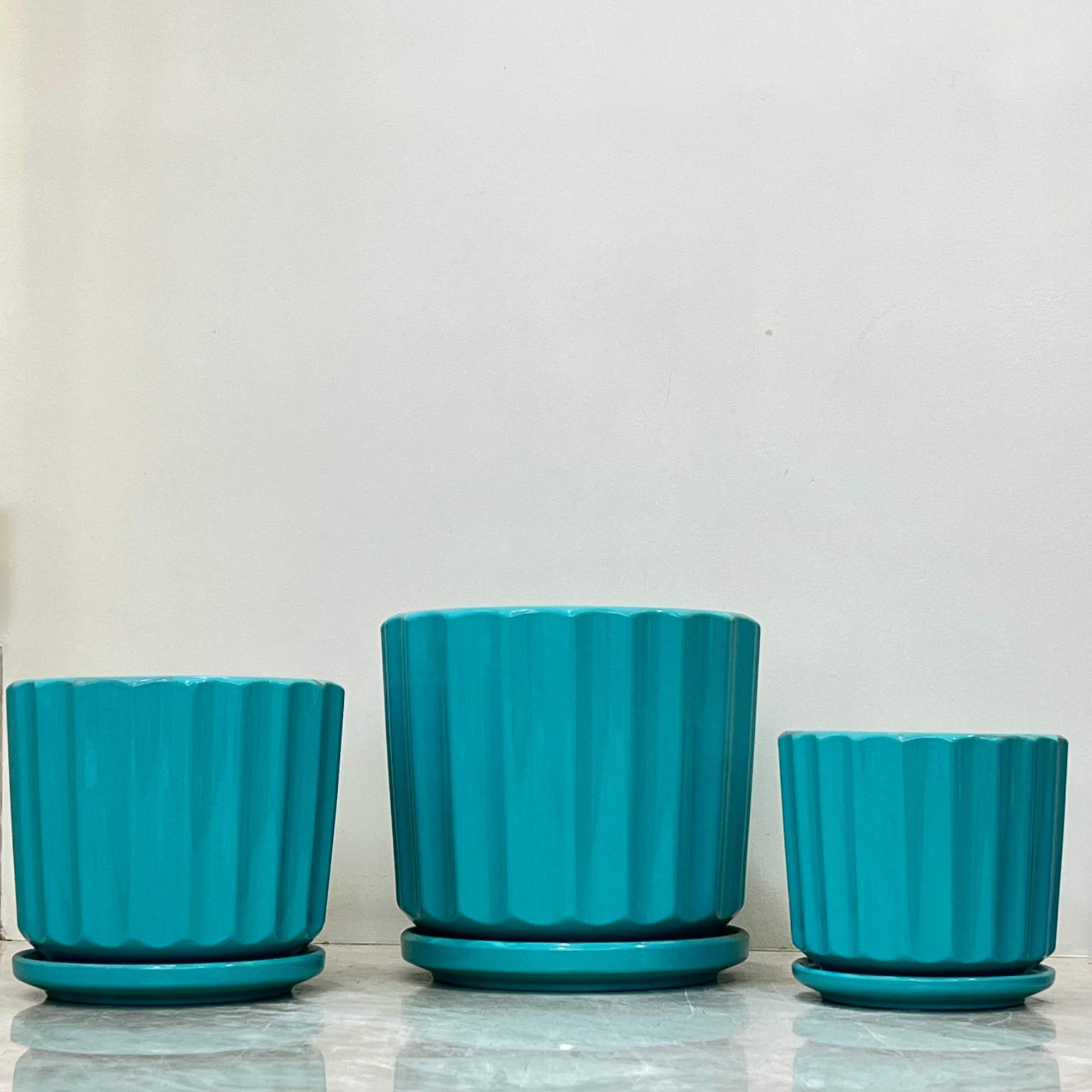 Teal Ribbed Ceramic Pot Set | Modern Indoor Planters with Saucers ...