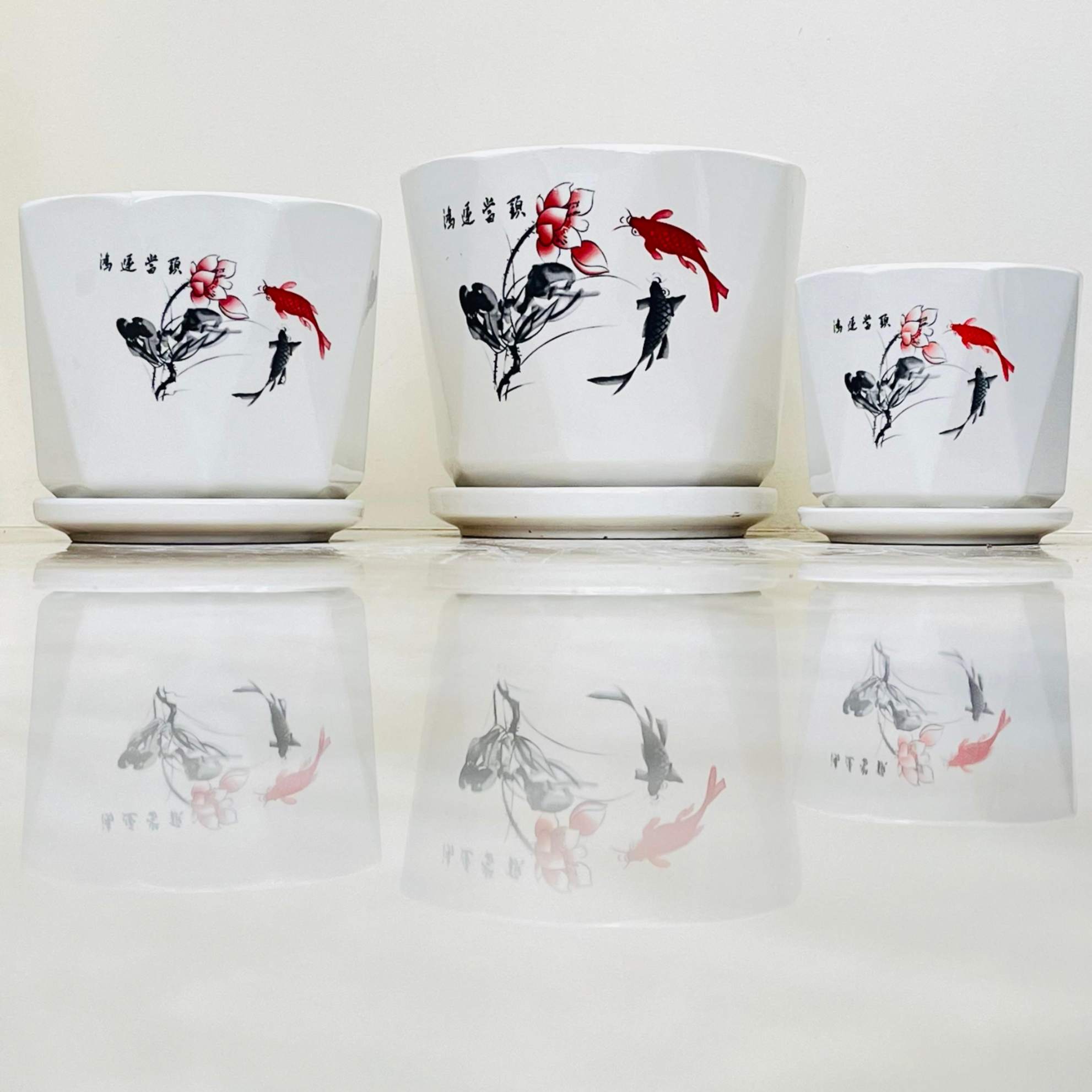 Asian-Inspired White Ceramic Pot Set with Koi Fish and Floral Design ...