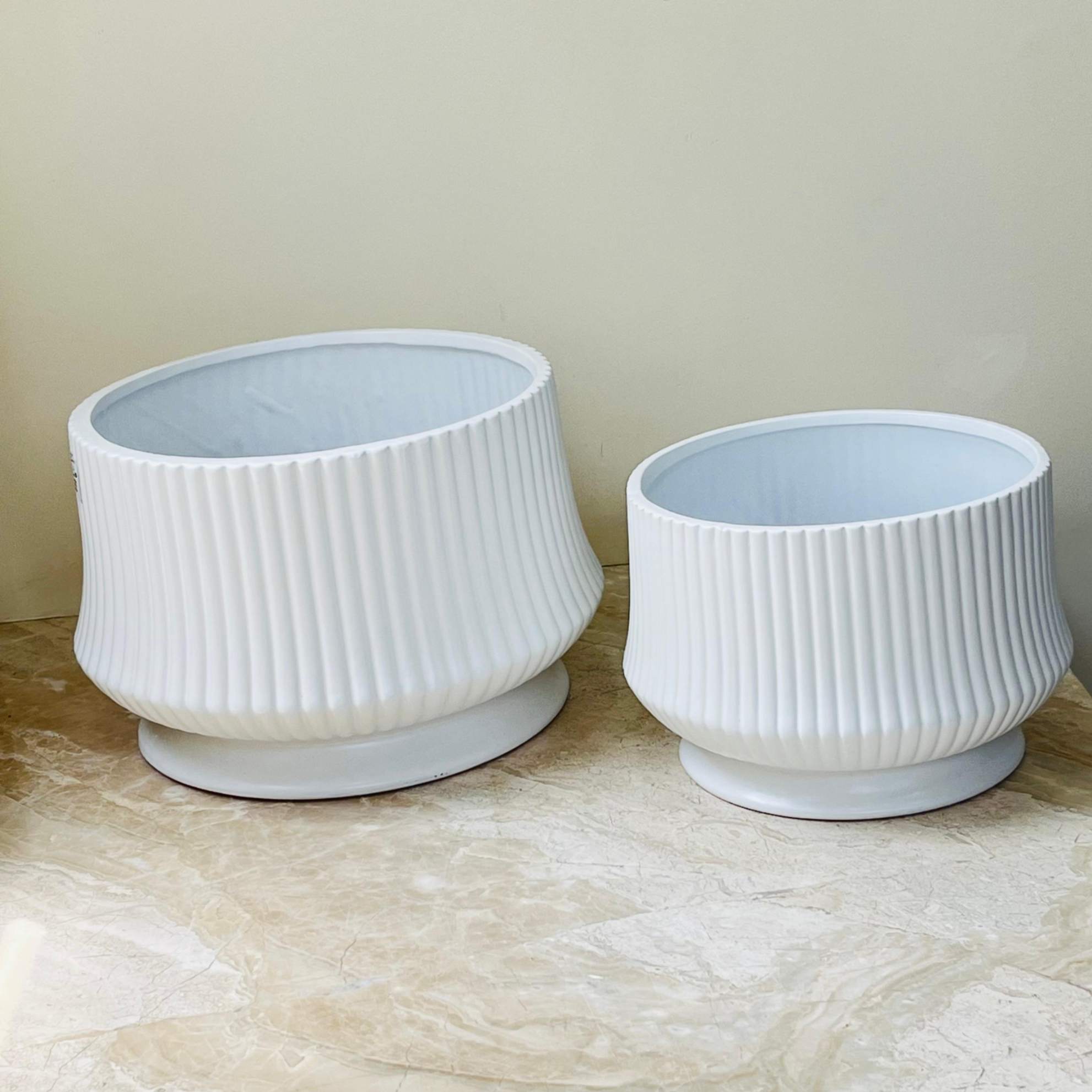 White Ribbed Ceramic Planter Set Of 2 – Modern Tilted Design ...