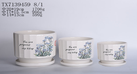 "Set of 3 White Round Ceramic Planters with Bottom Tray | Modern Design ...